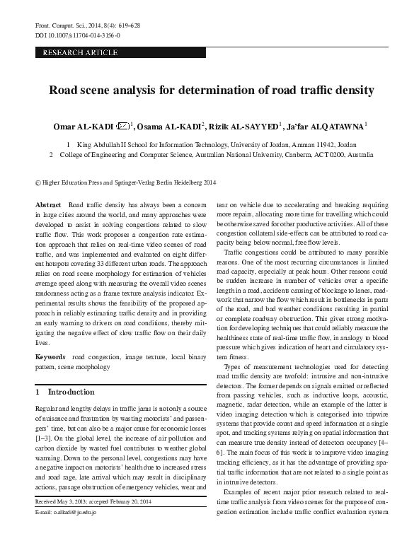 (PDF) Road scene analysis for determination of road traffic density