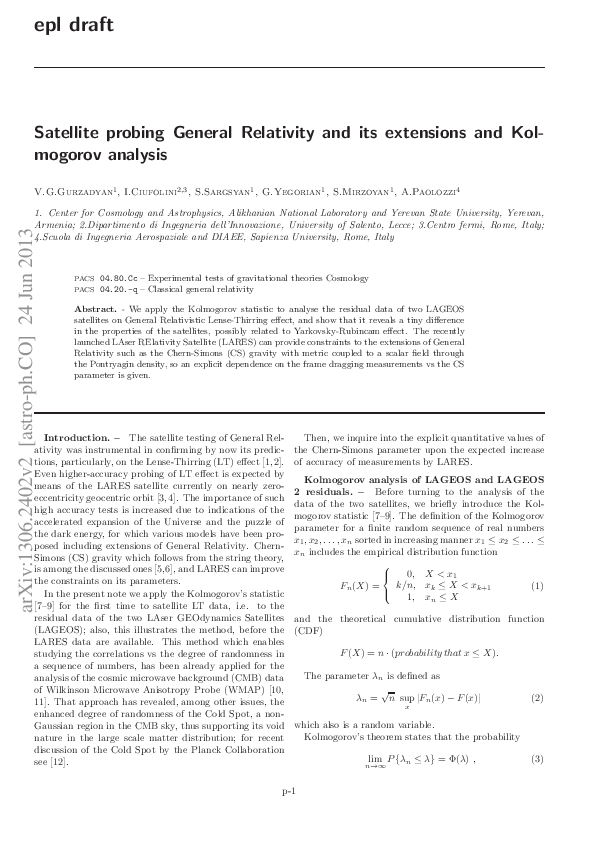 (PDF) Satellite probing General Relativity and its extensions and Kolmogorov analysis | Ignazio ...