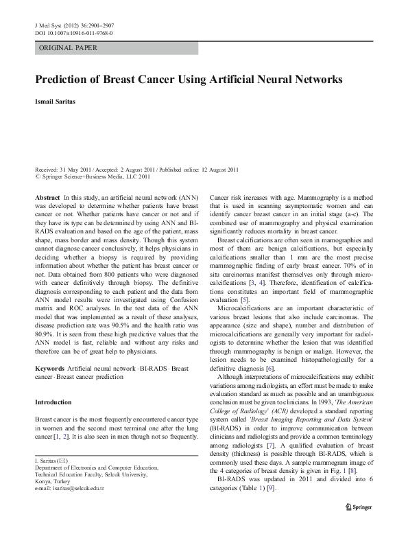 (PDF) Prediction of Breast Cancer Using Artificial Neural Networks (PDF) Prediction of Breast Cancer Using Artificial Neural Networks
