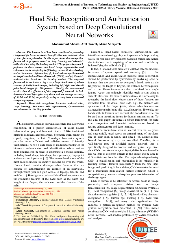 Pdf Hand Side Recognition And Authentication System Based On Deep Convolutional Neural Networks