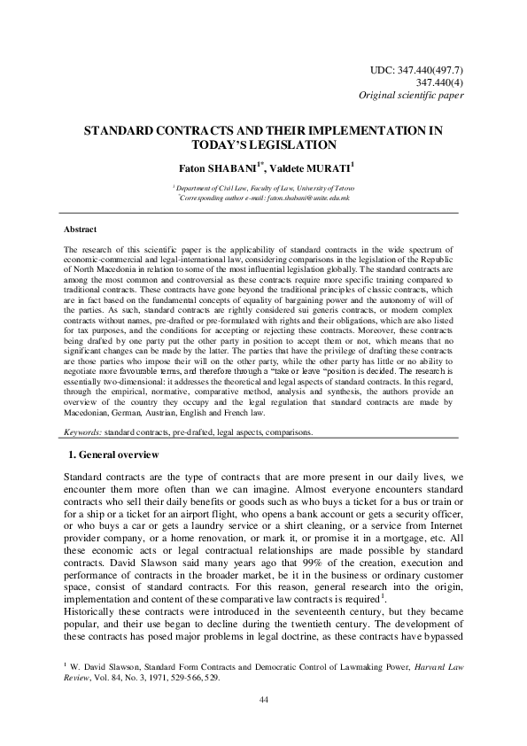 (PDF) STANDARD CONTRACTS AND THEIR IMPLEMENTATION IN TODAY'S LEGISLATION