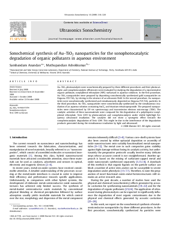 (PDF) Sonochemical synthesis of Au–TiO2 nanoparticles for the ...