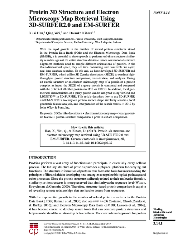 (PDF) Protein 3D Structure and Electron Microscopy Map Retrieval Using 3D‐SURFER2.0 and EM‐SURFER