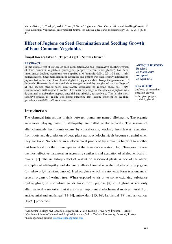 (PDF) Effect of Juglone on Seed Germination and Seedling Growth of Four ...
