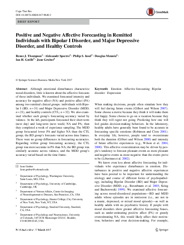 (PDF) Positive and Negative Affective Forecasting in Remitted Individuals with Bipolar I ...
