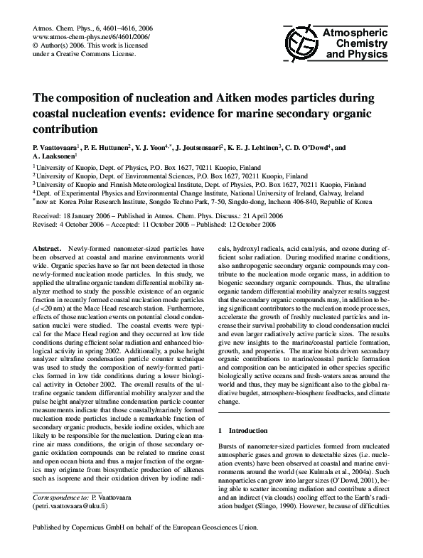 (PDF) The composition of nucleation and Aitken modes particles during ...