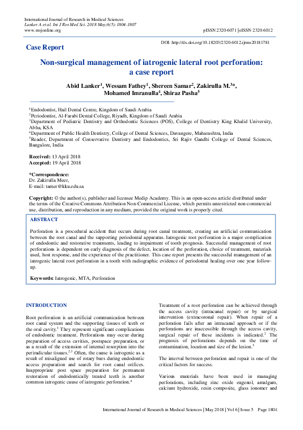 (PDF) Non-surgical management of iatrogenic lateral root perforation: a ...