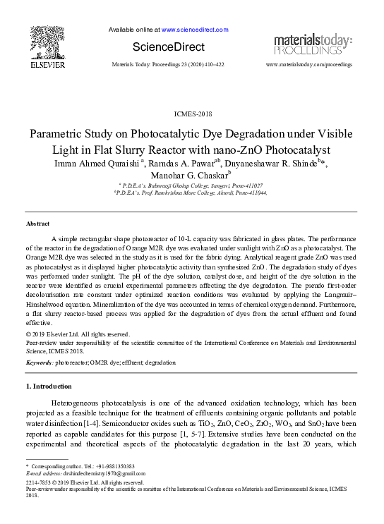 (PDF) Parametric Study on Photocatalytic Dye Degradation under Visible Light in Flat Slurry ...