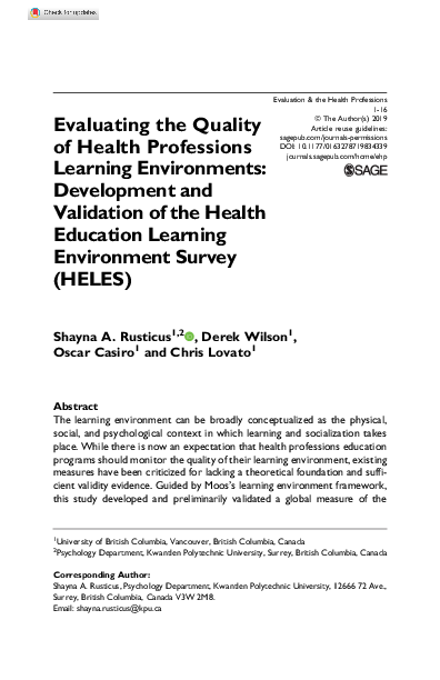 (PDF) Evaluating the Quality of Health Professions Learning Environments: Development and ...
