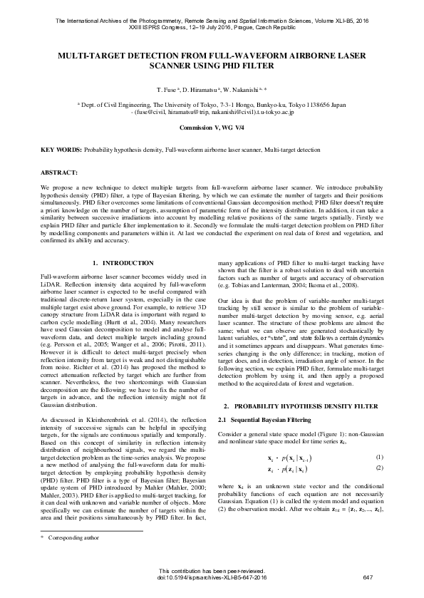 Pdf Multi Target Detection From Full Waveform Airborne Laser Scanner Using Phd Filter