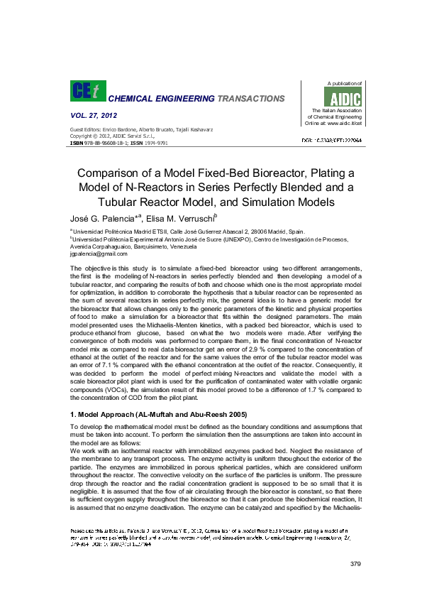 (PDF) Comparison of a Model Fixed-Bed Bioreactor, Plating a Model of N-Reactors in Series ...