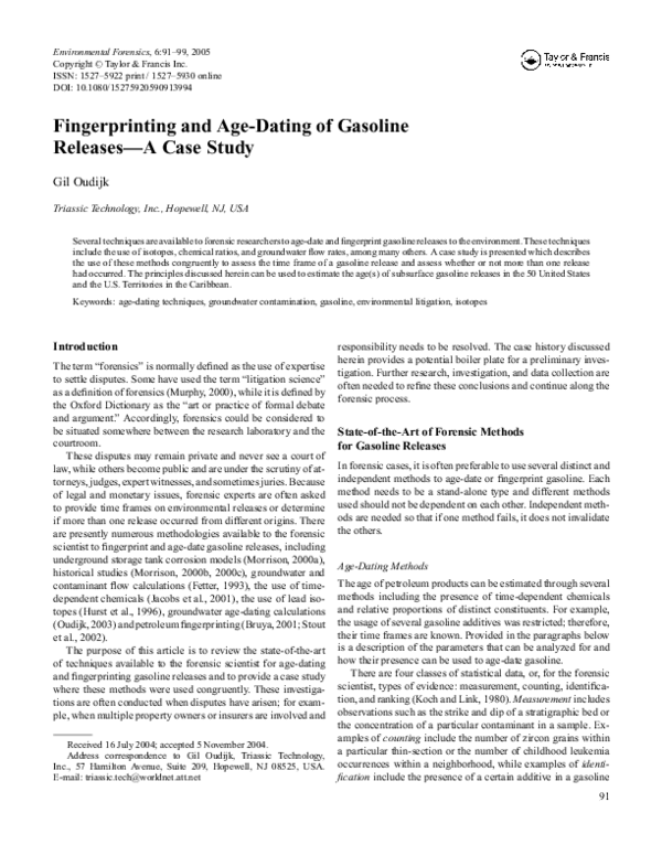 (PDF) Fingerprinting and Age-Dating of Gasoline Releases—A Case Study