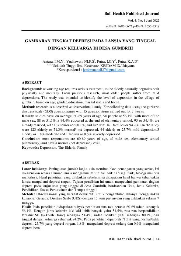 (PDF) Gambaran Tingkat Depresi Pada Lansia Yang Tinggal Dengan Keluarga DI Desa Gumbrih