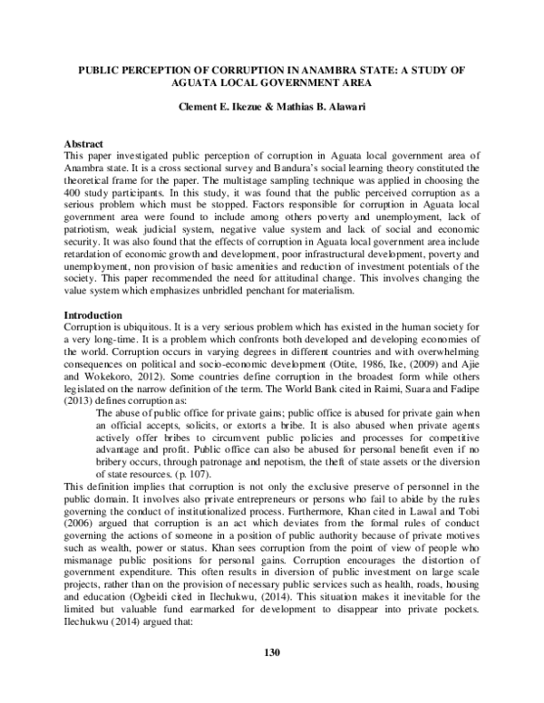 (PDF) Public Perception of Corruption in Anambra State: A Study of ...