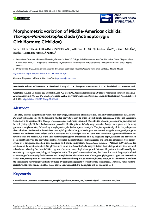 (PDF) Morphometric variation of Middle-American cichlids: Theraps ...