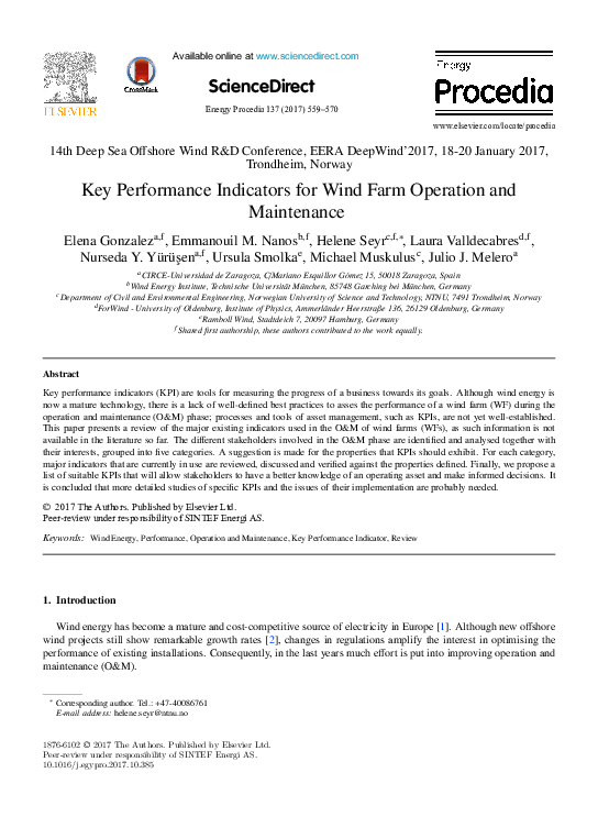 (PDF) Key Performance Indicators for Wind Farm Operation and Maintenance