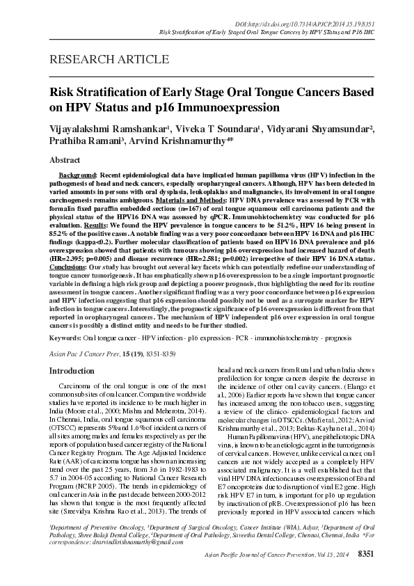 Pdf Risk Stratification Of Early Stage Oral Tongue Cancers Based On