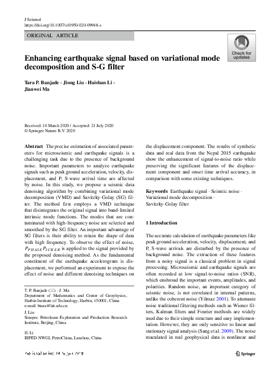 (PDF) Enhancing earthquake signal based on variational mode decomposition and S-G filter