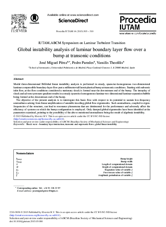 (PDF) Global Instability Analysis of Laminar Boundary Layer Flow Over a Bump at Transonic Conditions