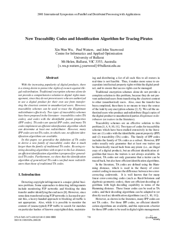 Pdf New Traceability Codes And Identification Algorithm For Tracing