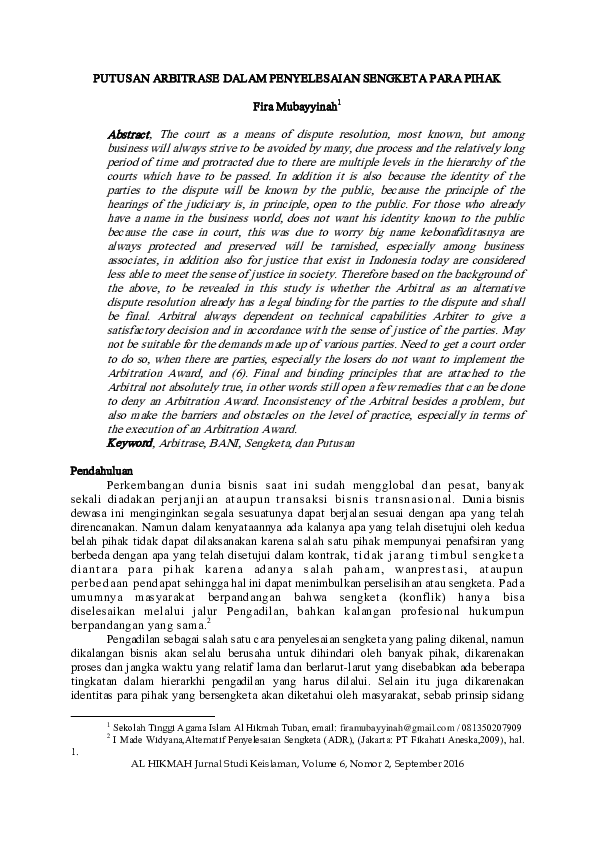 (PDF) Putusan Arbitrase Dalam Penyelesaian Sengketa Para Pihak