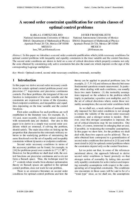 (PDF) Second Order Conditions in Optimal Control