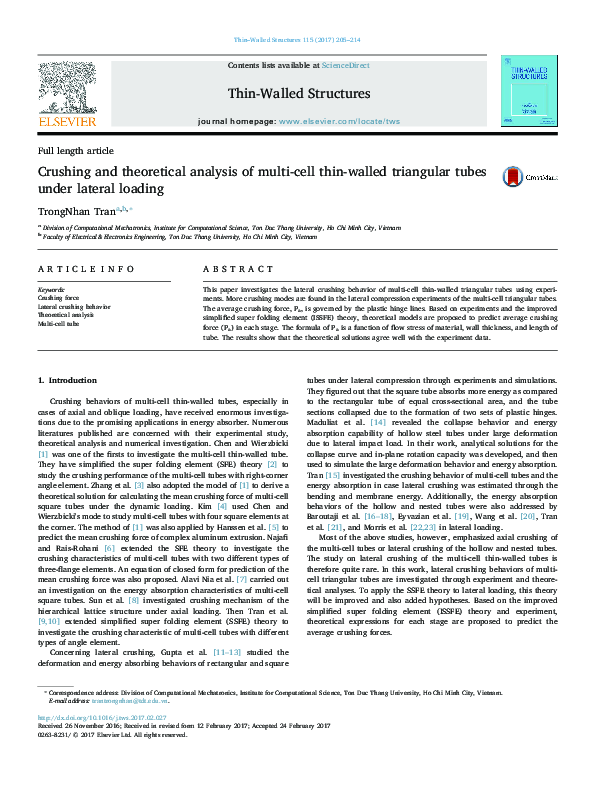 Pdf Crushing And Theoretical Analysis Of Multi Cell Thin Walled