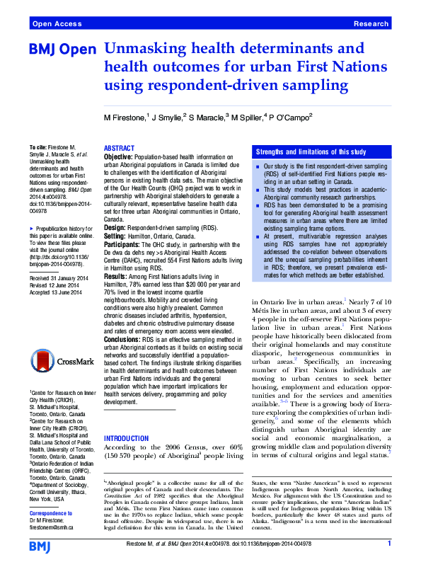 (PDF) Unmasking health determinants and health outcomes for urban First ...