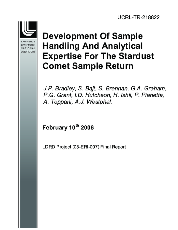 (PDF) Development of Sample Handling and Analytical Expertise For the Stardust Comet Sample ...
