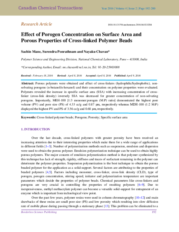 (PDF) Effect of Porogen Concentration on Surface Area and Porous ...