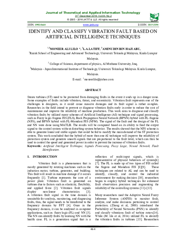 Pdf Identify And Classify Vibration Fault Based On Artificial Intelligence Techniques