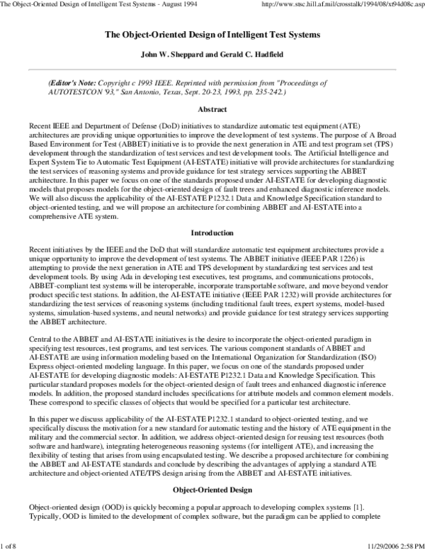 Pdf The Object Oriented Design Of Intelligent Test Systems