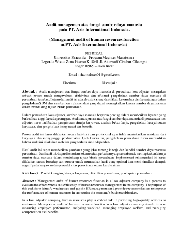 (PDF) Audit managemen atas fungsi sumber daya manusia pada PT. Axis International Indonesia ...