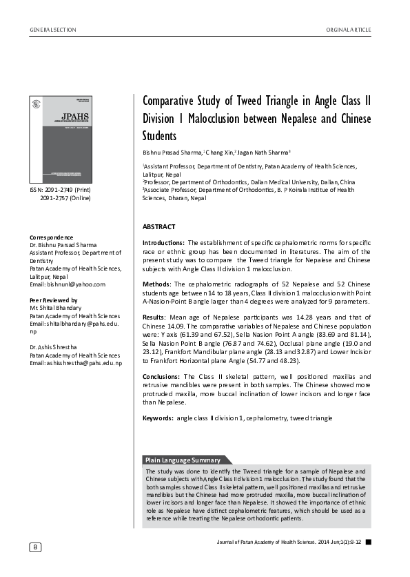 (PDF) Comparative Study of Tweed Triangle in Angle Class II Division 1 ...
