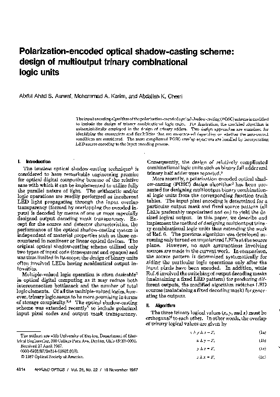 (PDF) Polarization-encoded optical shadow-casting scheme: design of multioutput trinary ...