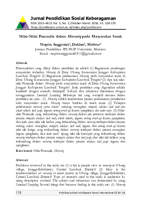 (PDF) Nilai-Nilai Pancasila Dalam Merariq Pada Masyarakat Sasak DI Desa ...