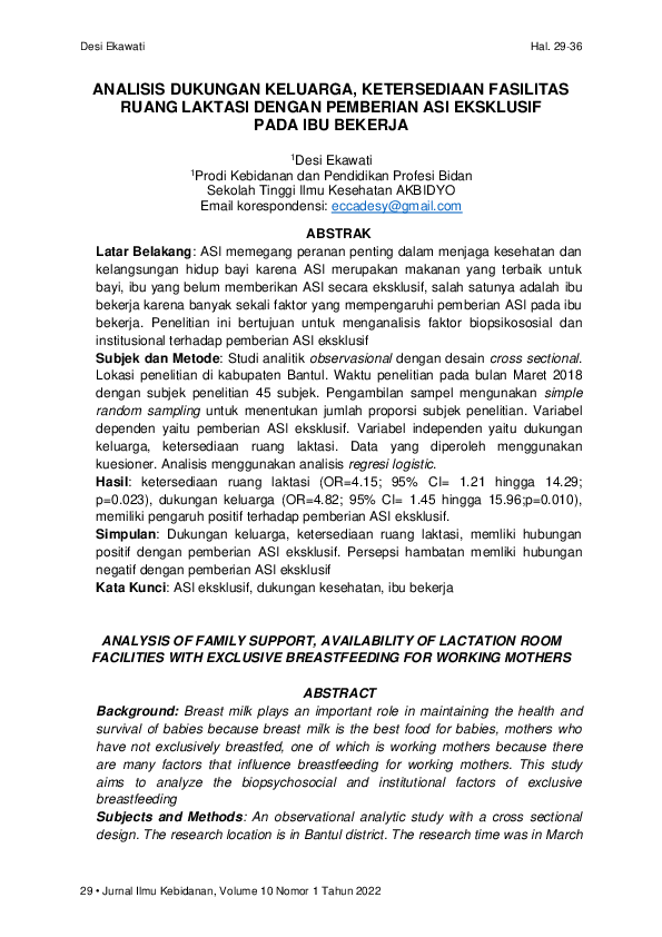 (PDF) Analisis Dukungan Keluarga, Ketersediaan Fasilitas Ruang Laktasi dengan Pemberian Asi ...