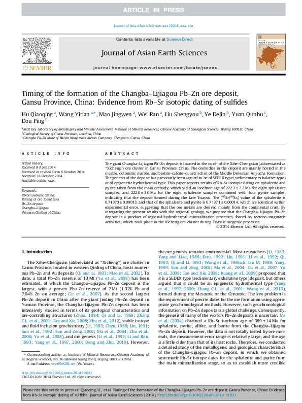 (PDF) Timing of the formation of the Changba–Lijiagou Pb–Zn ore deposit, Gansu Province, China ...