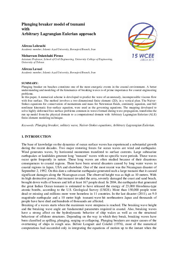 Pdf Plunging Breaker Model Of Tsunami With Arbitrary Lagrangian Eulerian Approach Moharram