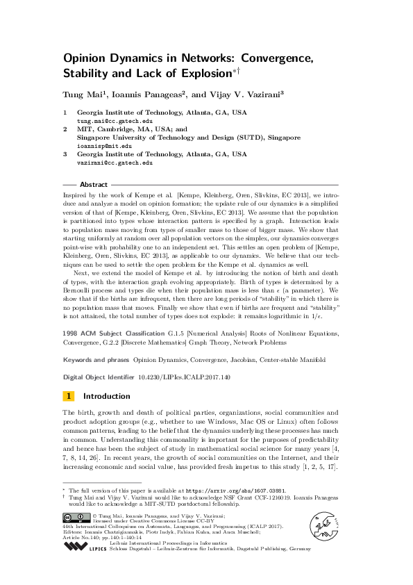 (PDF) Opinion Dynamics in Networks: Convergence, Stability and Lack of Explosion