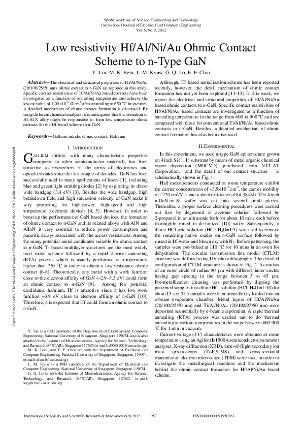 (PDF) Low Resistivity Hf/Al/Ni/Au Ohmic Contact Scheme To N-Type Gan