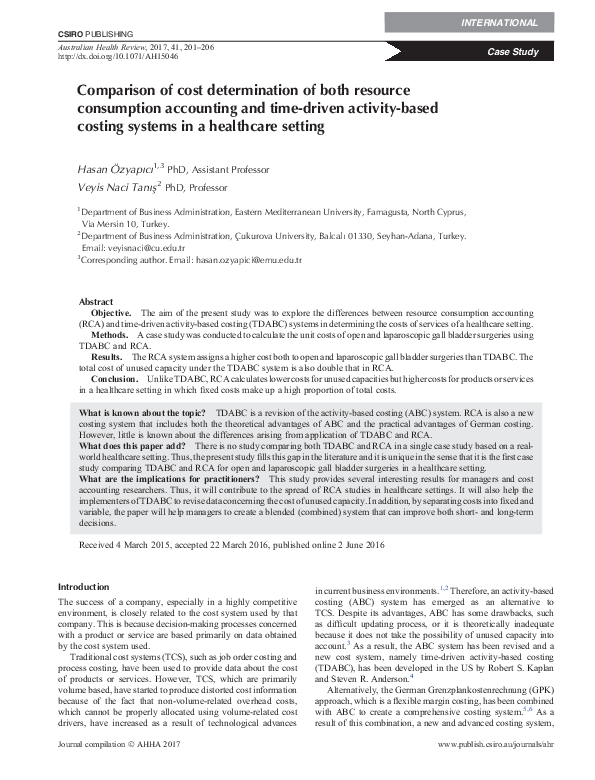 (PDF) Comparison of cost determination of both resource consumption accounting and time-driven ...