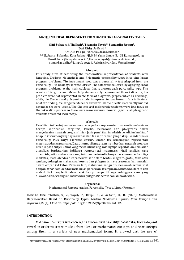 (PDF) Mathematical Representation Based on Personality Types