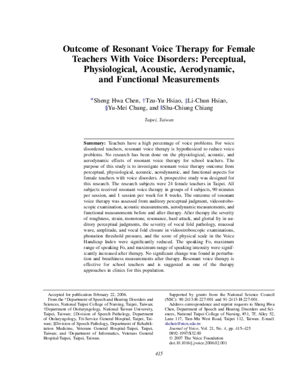 (PDF) Outcome of Resonant Voice Therapy for Female Teachers With Voice ...