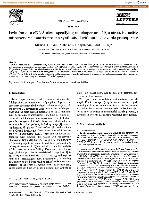 (PDF) Isolation of a cDNA clone specifying rat chaperonin 10, a stress-inducible mitochondrial ...