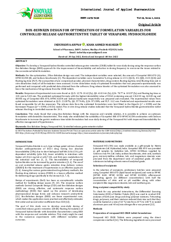 Pdf Box Behnken Design For Optimization Of Formulation Variables For Controlled Release