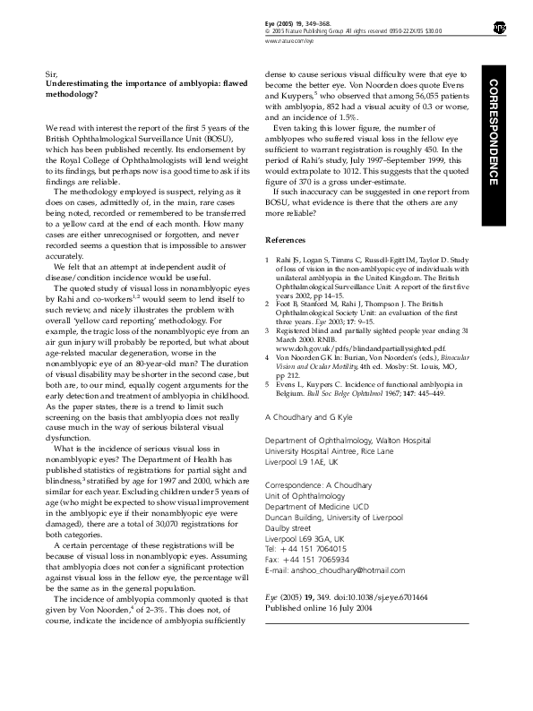 (PDF) Underestimating the importance of amblyopia: flawed methodology?