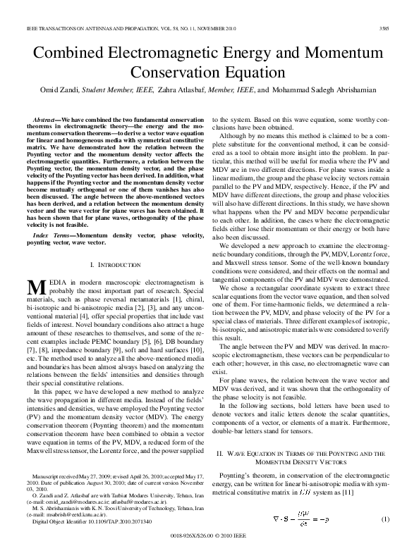 (PDF) Combined Electromagnetic Energy and Momentum Conservation Equation