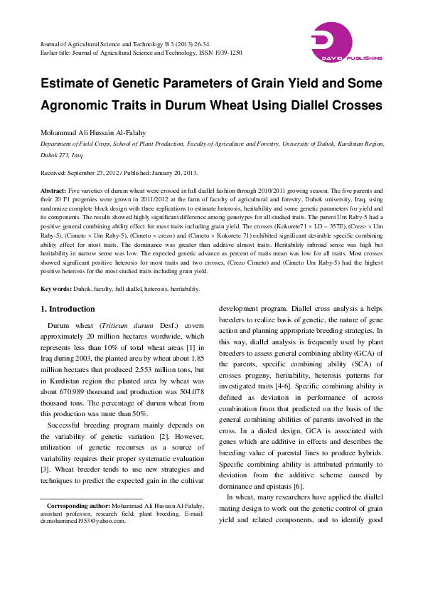 (PDF) Estimate of Genetic Parameters of Grain Yield and Some Agronomic Traits in Durum Wheat ...