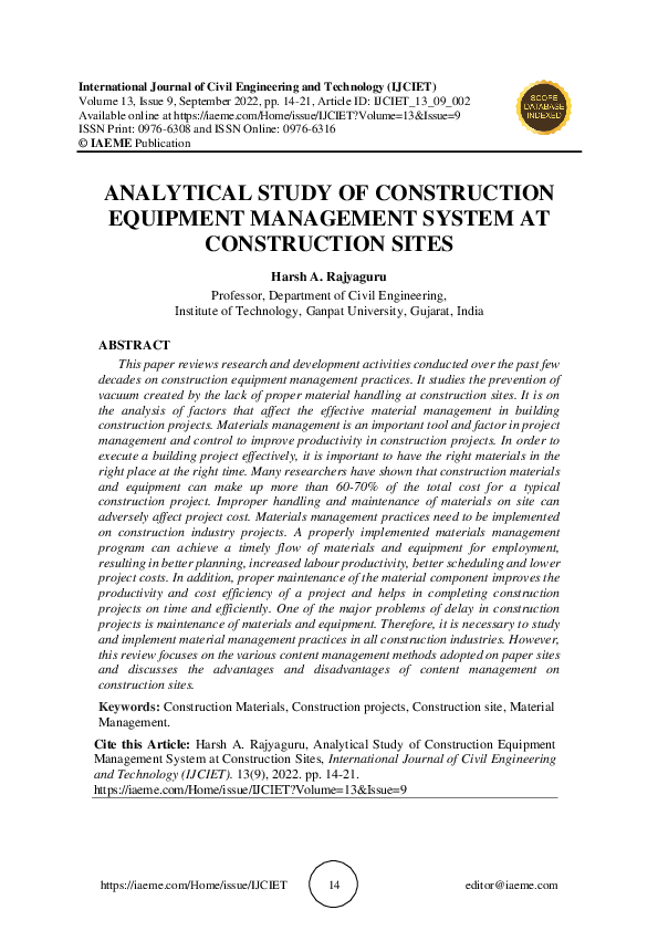 (PDF) ANALYTICAL STUDY OF CONSTRUCTION EQUIPMENT MANAGEMENT SYSTEM AT ...
